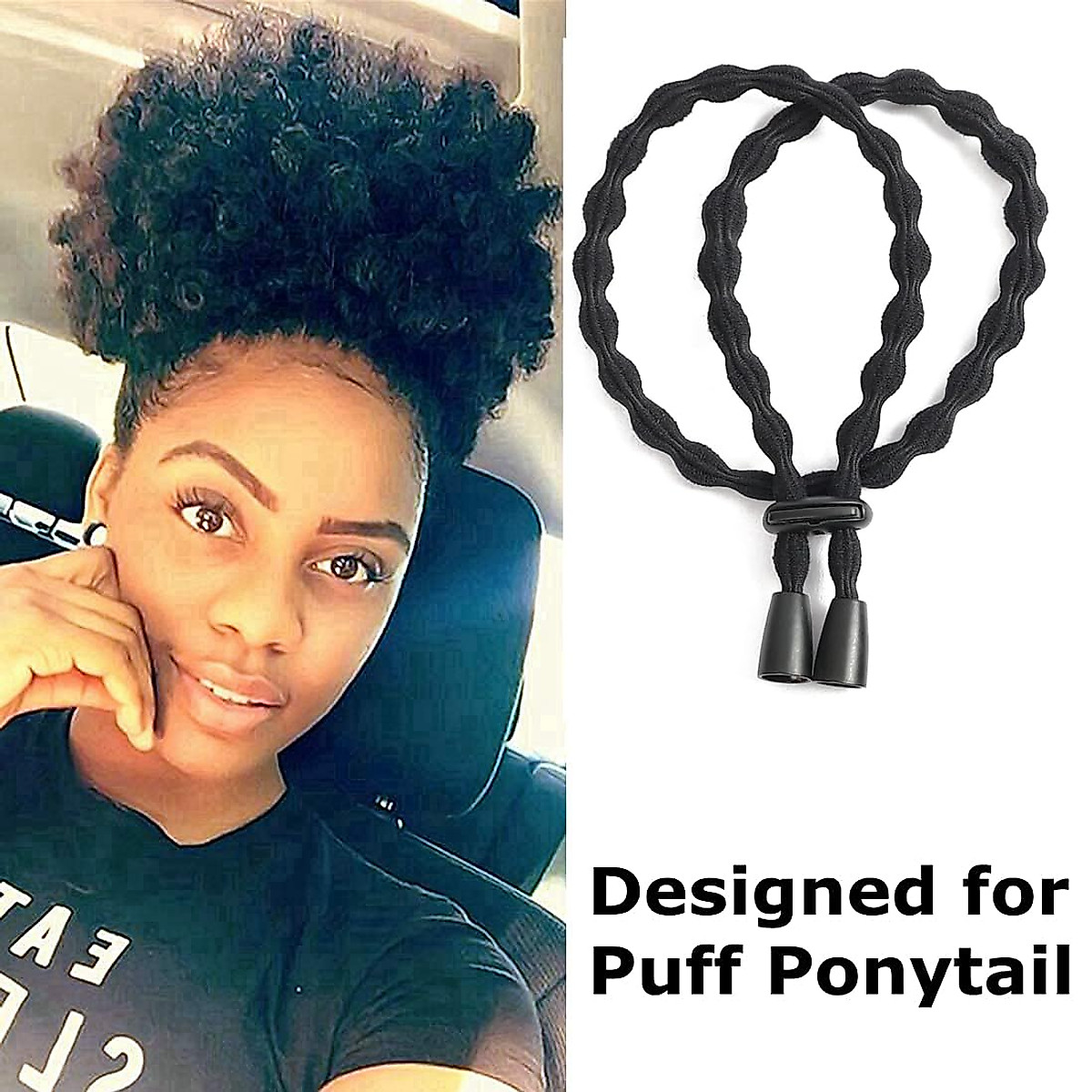FEEZENT Afro Puff Drawstring Ponytail Ties Adjustable Length Hairband for Short Kinky Curly Hair Bun Hair Ties for Afro Long Cushioned Headband Ties for Women with Thick, No-Slip Design (A-Black-5PCS)