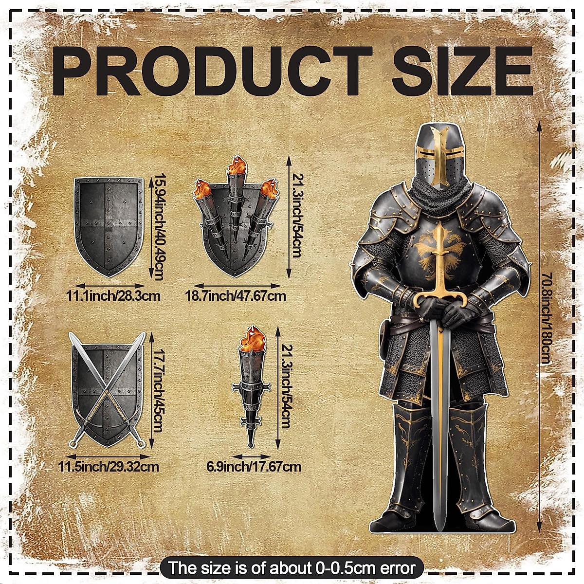 Honoson 10 Pcs Medieval Party Decorations Castle Decorations Jointed Suit of Armor Knight Cut Out Torch Props Medieval Shield for Birthday, Halloween, Medieval, Castle Party Renaissance Knight