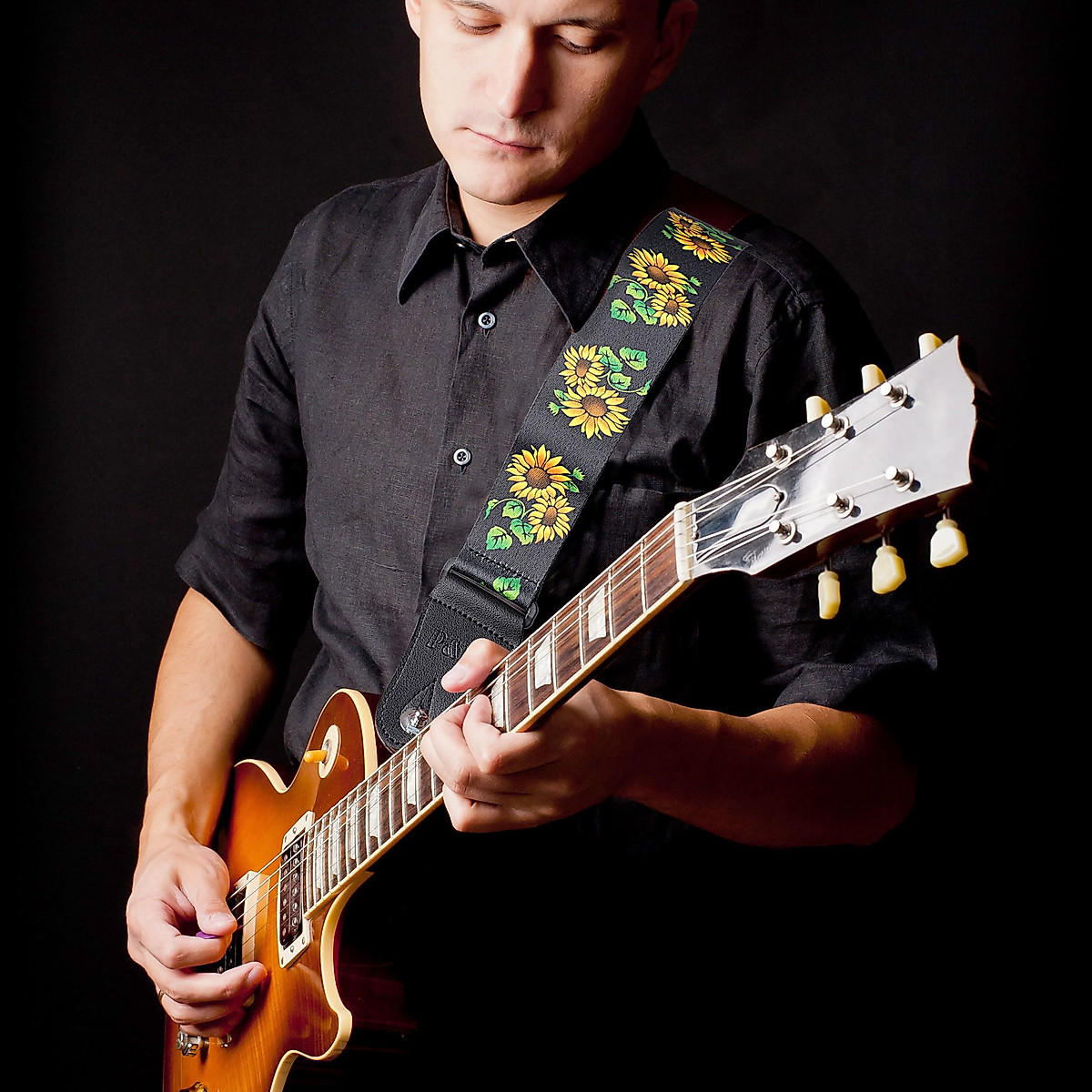 uxcell Guitar Strap, Classical Vintage Sunflower Print Guitar Shoulder Straps with Leather End, Adjustable Strap with free Lace Tie for Bass, Electric & Acoustic Guitars