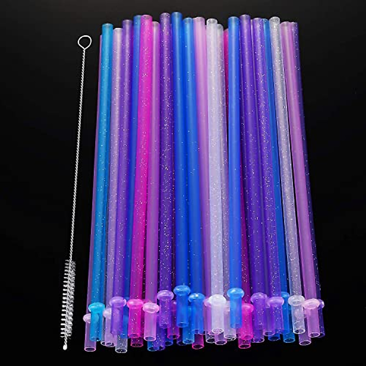 50 Pieces Reusable Drinking Straws Colorful Plastic Straws Clear Glitter Unbreakable Drinking Straws with Cleaning Brush for Home Party Supplies, 6 Colors (9 Inch)