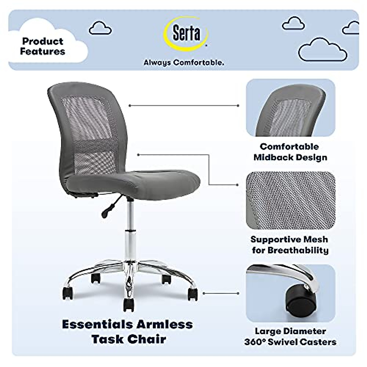 Serta Essentials Computer Chair, Productivity Gray Faux Leather and Mesh