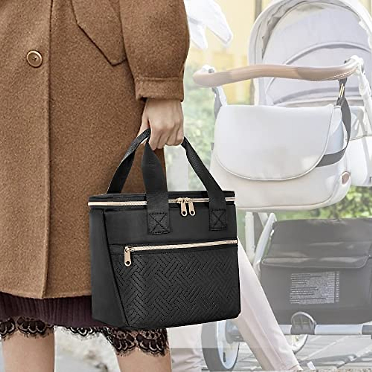 Fasrom Breastmilk Cooler Bag with Ice Pack Fits 6 Tall Baby Bottle Up to 9 Ounce for Milk Storage, Large Insulated Bottle Bag with Pockets for Nursing Moms Daycare or Travel, Black (Patent Design)