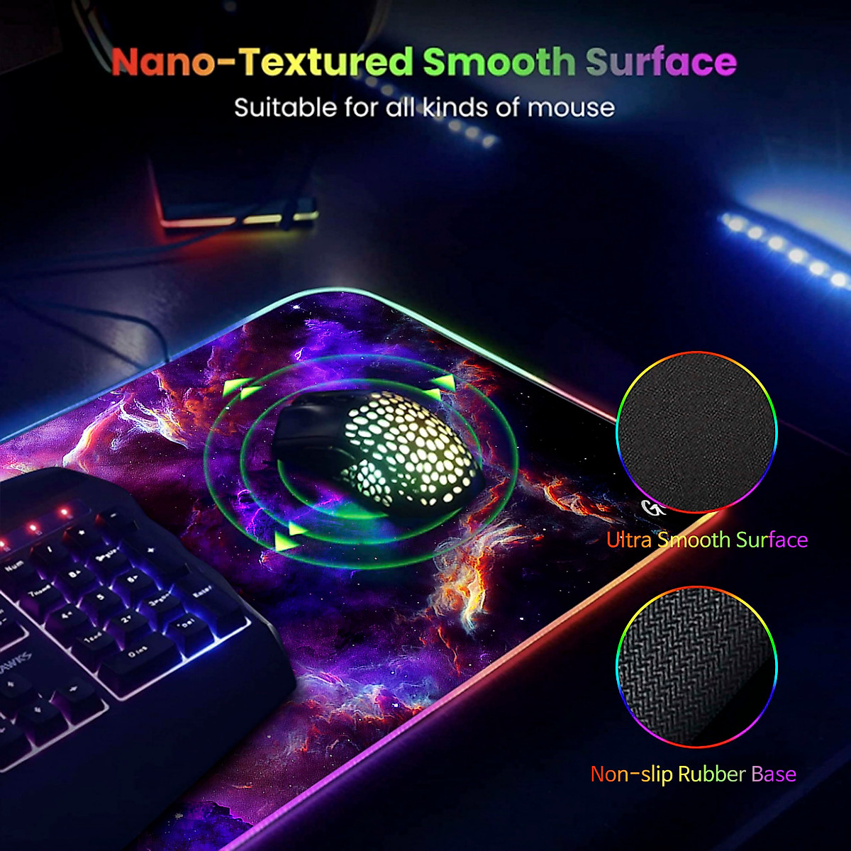 Gerlos RGB Large Gaming Mouse Pad, Extended Soft LED Mouse Pad, Non-Slip Rubber Base, Water Resist Keyboard Pad, Computer Mousepad 31.5×11.8 inches