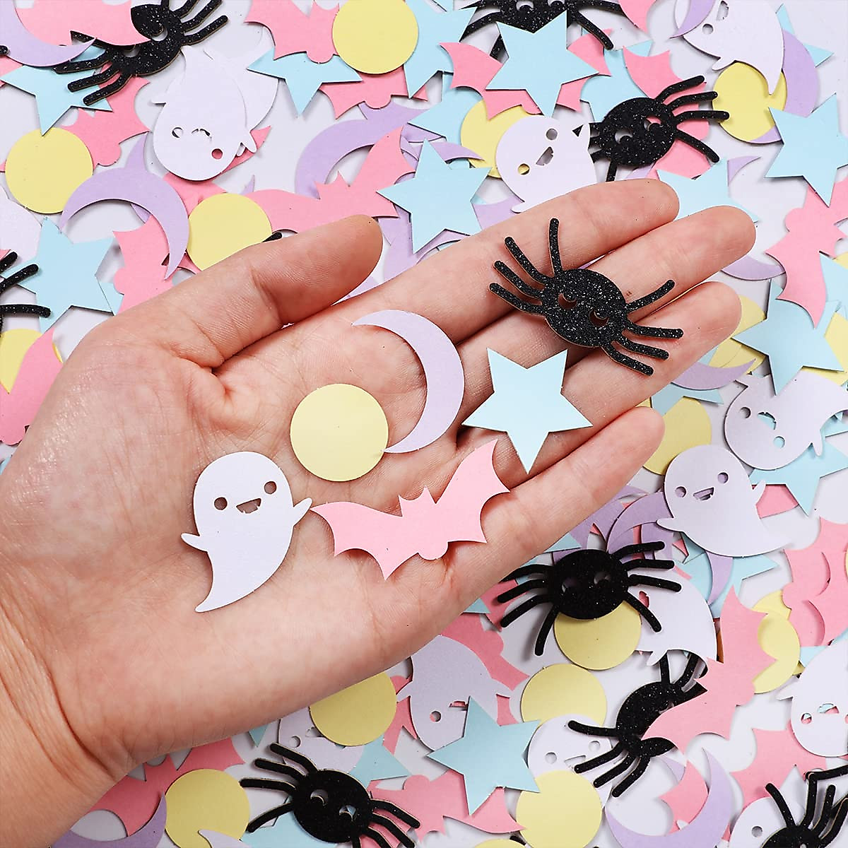200PCS Halloween Party Confetti for Boys Girls - Pink Teal Black Table Scatter Confetti with Ghost Moon Bat Spider Star Circle Dots for Kids’ Halloween Theme Birthday Party Baby Shower Decor Supplies
