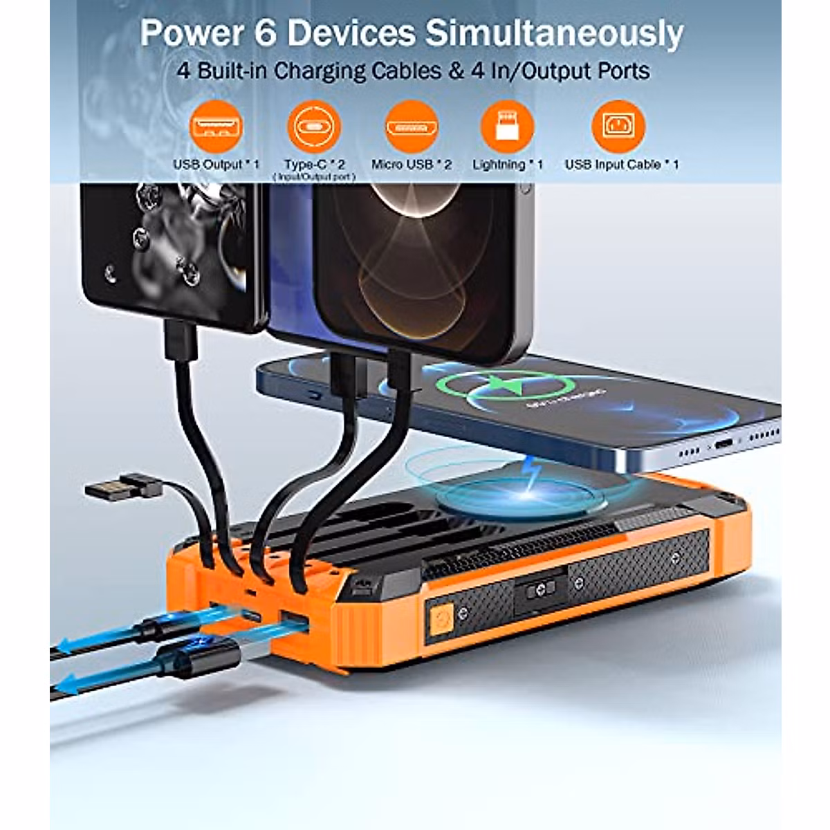 GOODaaa Power Bank Wireless Charger 36000mAh Built in 4 Cables and Dual Flashlights 15W Fast Charging Power Bank Six Outputs Three Inputs Solar Portable Charger Compatible with All Mobile Devices