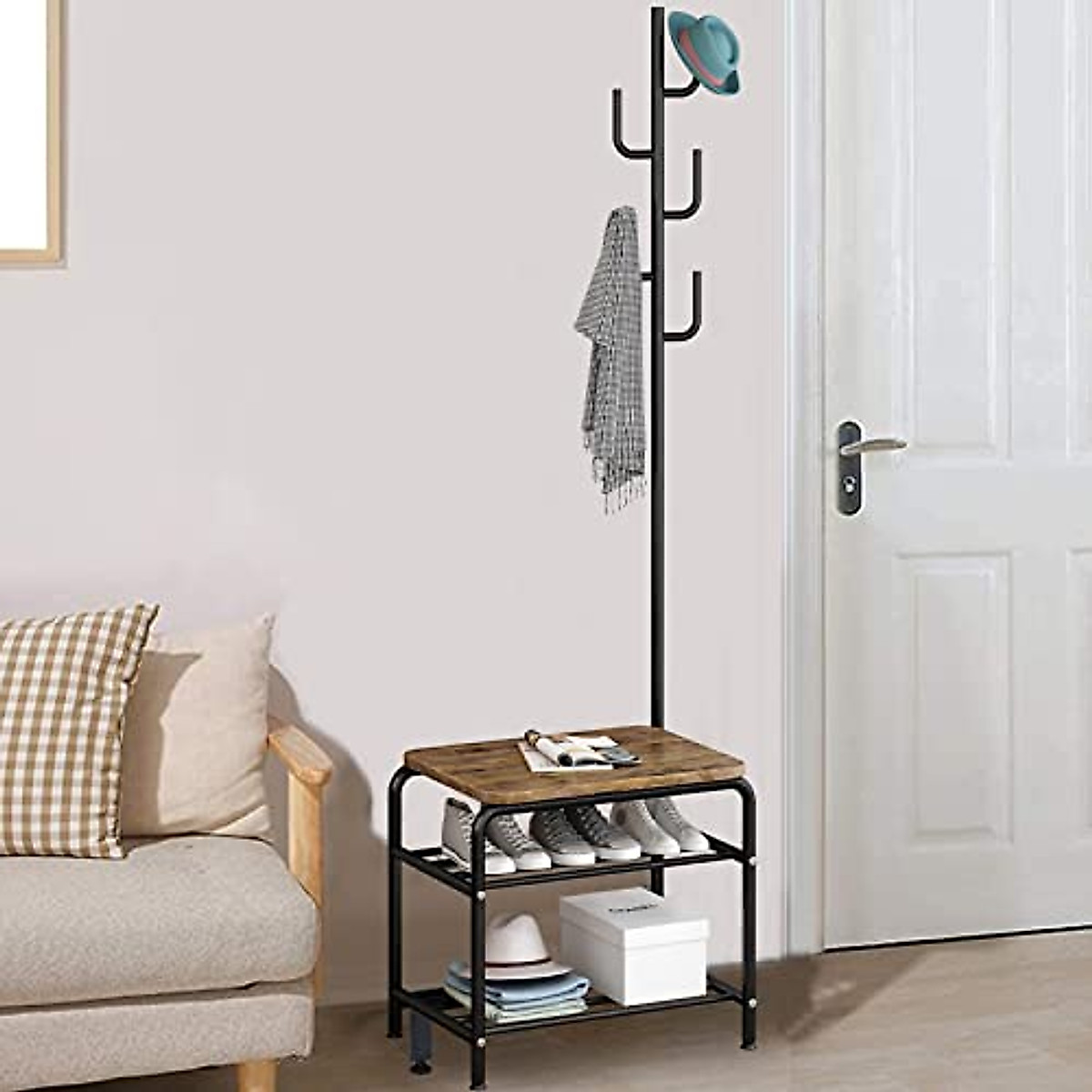 LINZINAR Coat Rack Shoe Bench 3 in 1 Design Hall Tree Storage Bench Industrial Style Coat Tree for Bedroom Living Room Entryway, Black