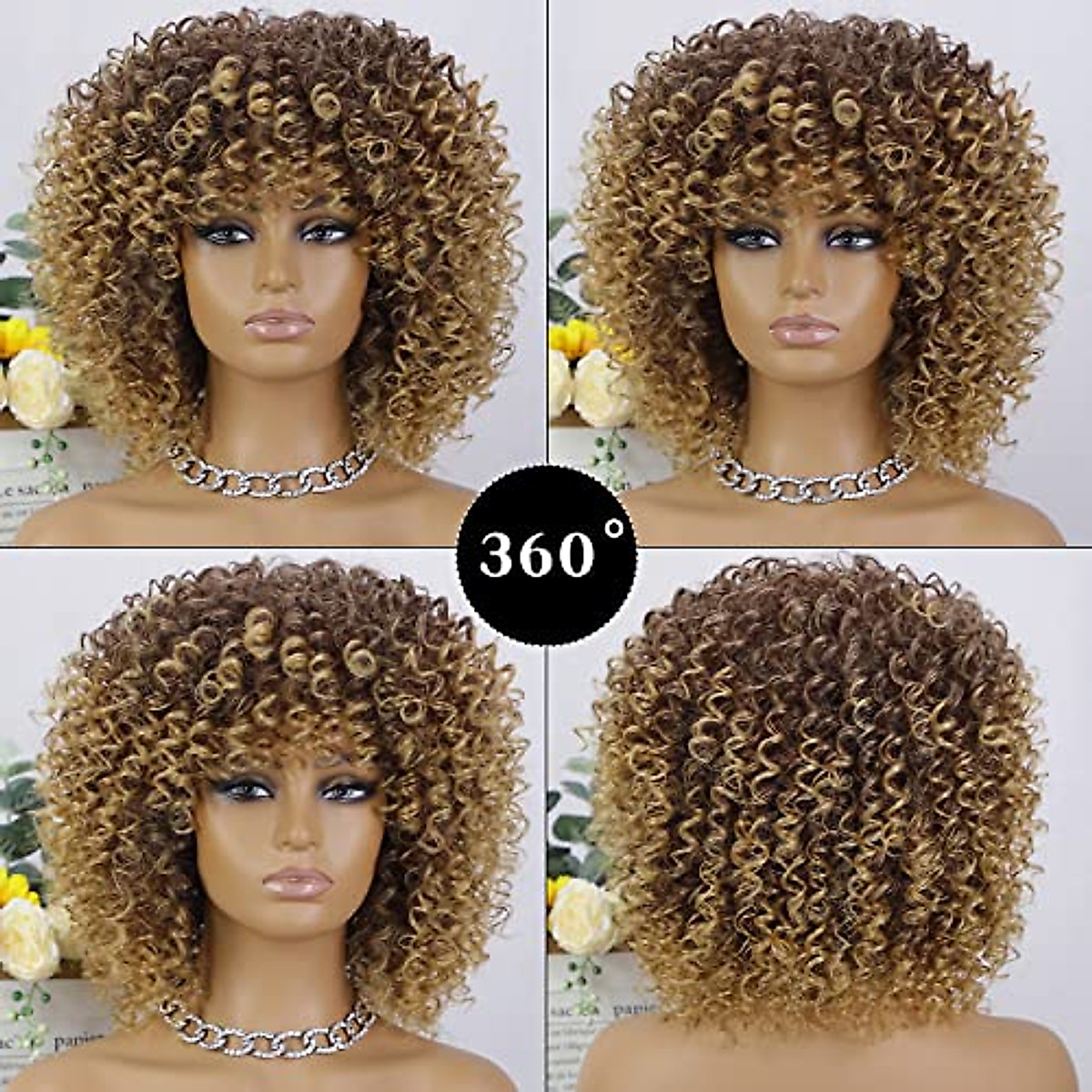 AISI QUEENS Afro Wigs For Black Women Short Kinky Curly Brown Mixed Blonde Synthetic Wig with Bangs Heat Resistant Wigs With Wig Cap