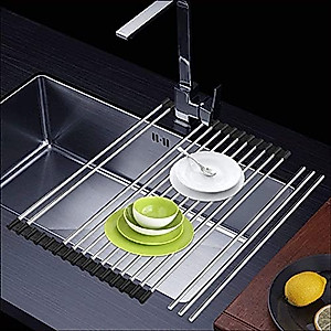 Roll up Dish Drying Rack Over The Sink Dish Drying Rack Portable Stainless Still Rolling Rack Folding Dish Drainer Sink Rack Mat Dish Drying Rack for Kitchen Sink Counter (17.8''LX11.2''W, Black)