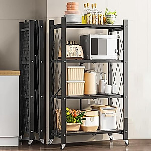 Foldable Storage Shelves on Wheels, 4 Tier Shelves for Storage, Heavy Duty Metal Shelving Units, No Assembly Storage Rack for Garage, Kitchen, Basement, Pantry, Black