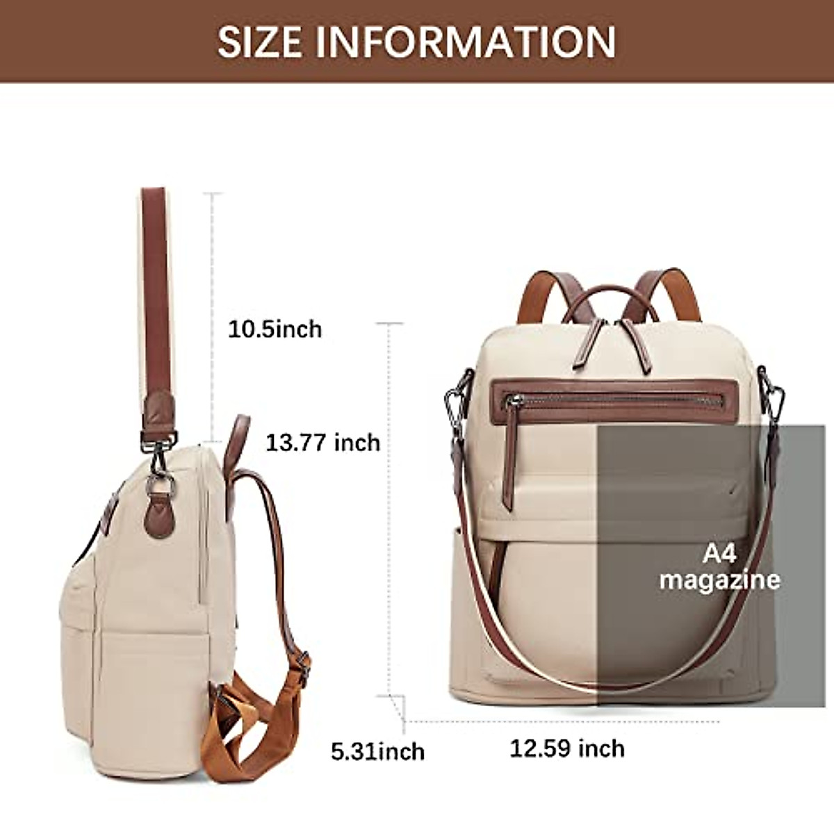 BOSTANTEN Leather Backpack Purse for Women Fashion Designer Shoulder Bag Convertible Travel Backpack Purses Beige-brown