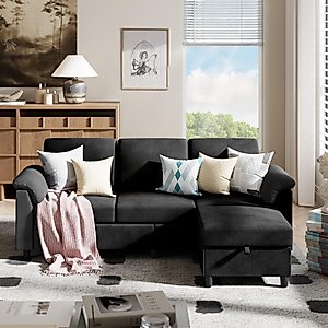 Meilocar 79" Sectional Sofa Couch, Sectional Couch with Storage Ottoman, Convertible L Shaped Couch with Armrests Side Storage Pockage, 3-Seat Sofa Couches for Living Room, Apartment, Black