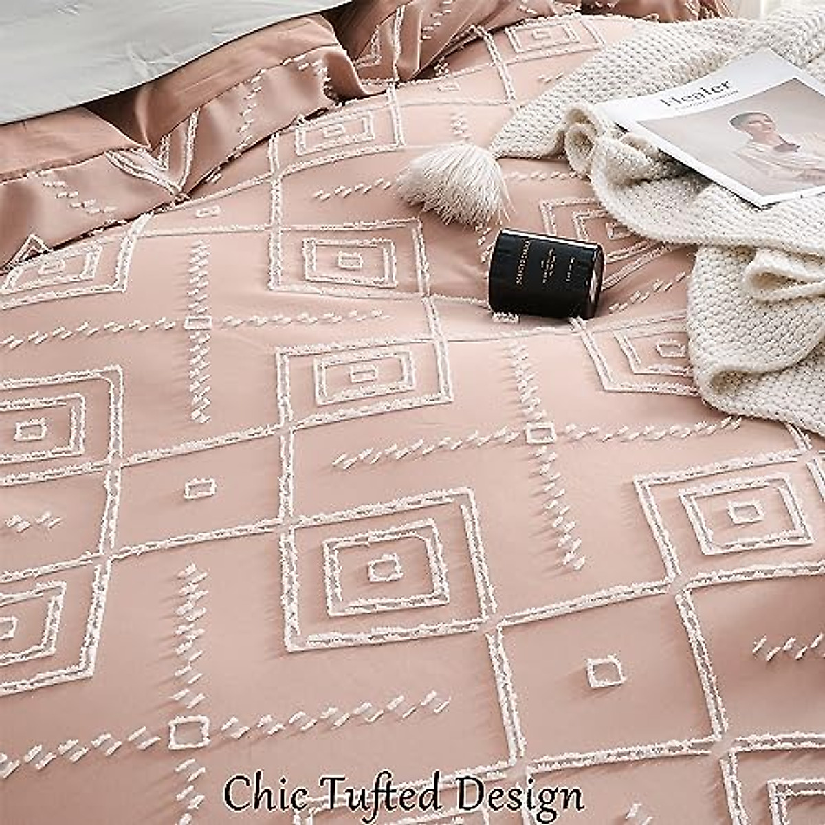 Senville Tufted Duvet Cover Queen Size,Jacquard Geometric Pattern,Soft Lightweight Pink Duvet Covers Set for All Seasons,3 Pieces Boho Shabby Chic Bedding Set with Zipper Closure(Pink,Queen)