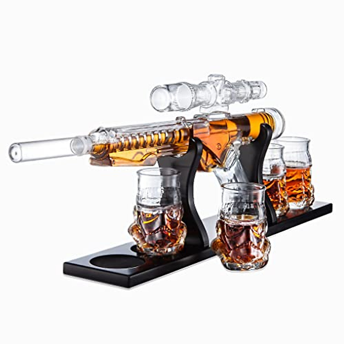 Blaster Force Gun Whiskey & Wine Decanter Set Glasses - Energized Particle Weaponry Elegant Decanter 24" - 4 Trooper Shot Glasses & Mahogany Wooden Base The Wine Savant (20 OZ) Gifts for Dad