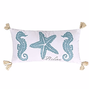 Levtex Home Caleta Crewel Starfish Relax Tassel Pillow, Beach, 100% Cotton, White, Navi, Natural