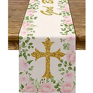 Pudodo Girl Baptism Table Runner God Bless First Holy Communion Christening Baby Shower Party Kitchen Dining Home Decoration (Red, 13" x 108")