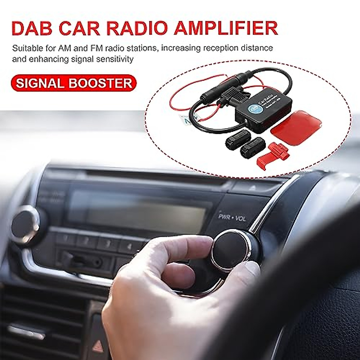 AICEL Car Antenna Booster, FM Radio Antenna Amplifier, Universal 12V Car FM Radio Aerial Antenna Amplifier Strengthen Booster, Signal Reception Adapter for Car Stereo, Audio, Radio, Media