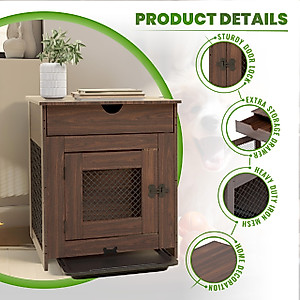 PURRPAXZ Dog Kennel Furniture, Wooden Dog Crate End Table Under 25 lbs, metal mesh Dog Crate Indoor Kennel for with Storage Drawer & Cushion & Tray for bedrooms(Brown)