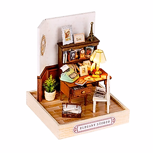 TuKIIE DIY Miniature Dollhouse Kit with Furniture, 1:24 Scale Creative Room Mini Wooden Doll House Plus Dust Proof for Kids Teens Adults(Elegant Studio)