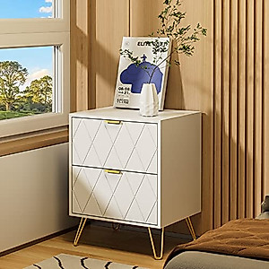 Anbuy White Nightstand Set of 2, End Side Table Double, Bedside Table with 2 Drawers, Dual Night Stand Metal Legs for Bedroom Living Room