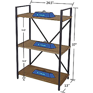 Industrial Small Bookshelf Bookcase Solid Wood 3 Tier Storage Rack Shelf for Small Space, Kitchen, Bathroom, Living Room, Office, 24.5" L x 13" W x 37" H