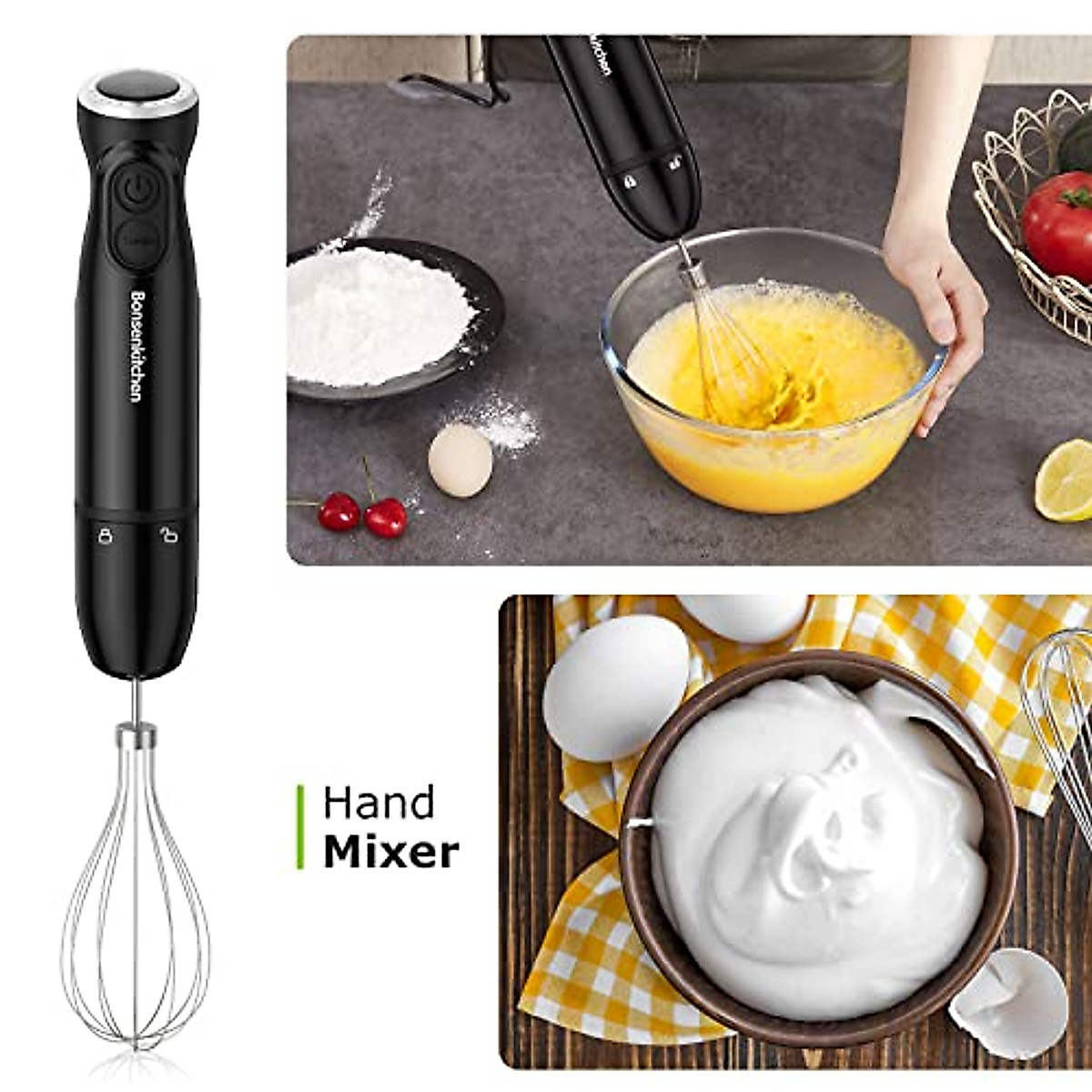 Bonsenkitchen Immersion Blender Handheld, 12-Speed and Turbo Hand Blender Electric with Sharp Blades, 3-In-1 Hand Held Stick Blender with Egg Whisk, 24oz Beaker for Soups, Smoothies, Sauce