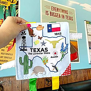 Baby Jack & Co 8x8” Learning Lovey Tag Toys for Babies - Baby Crinkle Toys - Crinkle Toys for Baby - Soft & Safe - Learn USA State Facts - Ideal Baby Toy BPA Free w/Stroller Clip (Texas)