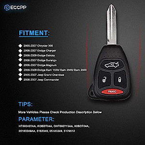 ECCPP 1X Key Fob Keyless Entry Remote Replacement for Chrysler 300 for D odge Charger Dakota Durango Magnum for J eep Grand Cherokee Commander KOBDT04A OHT692713AA 4 Buttons