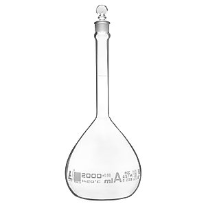 EISCO Volumetric Flask, 2000ml - Class A, ASTM - Tolerance ±0.500 ml - Glass Stopper - Single, White Graduation
