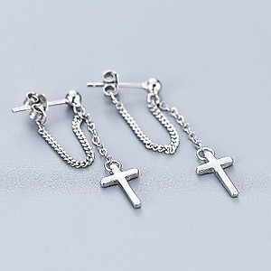 Cross Earrings Dangle Drop Chain Earring for Women Punk Goth Ball Dangling Chain Stud Earrings Silver