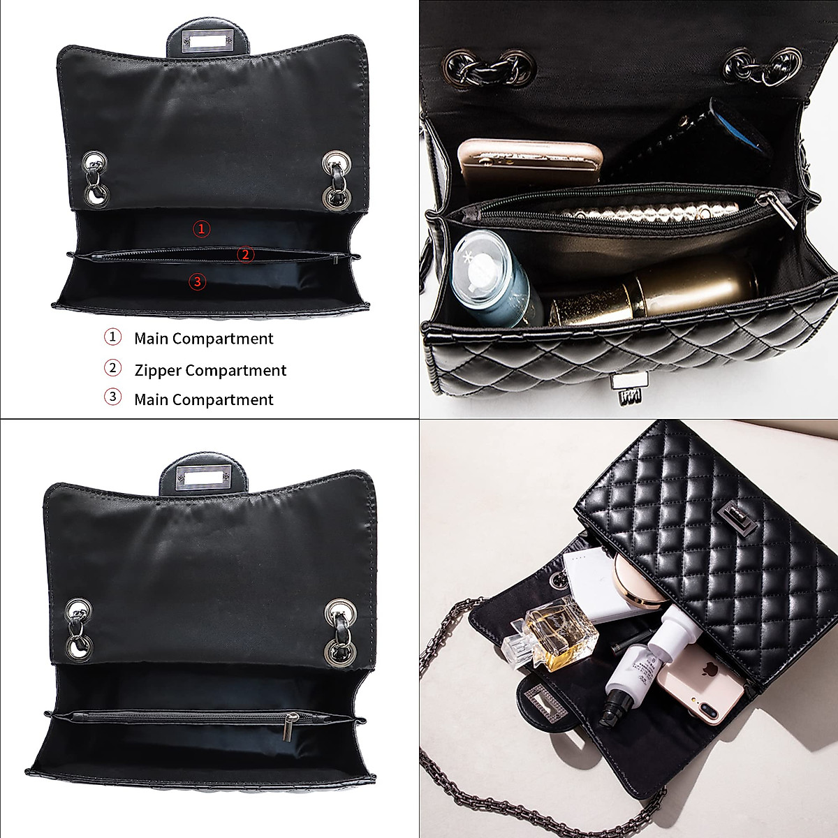 Eveupp Quilted Crossbody Bags for Women Black Chain Purse Leather Quilted Bag Clutch Purses Large