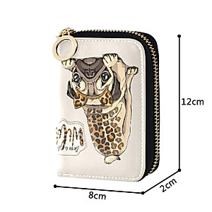 MOYYO RFID Credit Card Holder Case Cute Leopard Pug Dog Leather Printed Zipper Card Case Wallet for Women Girls