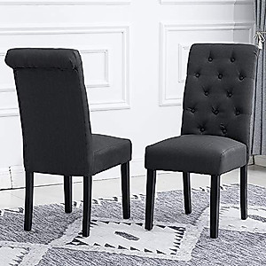 Pair Dining Room Chairs Kitchen Chairs Set of 2 Grey Comfortable Linen Fabric Upholstered Black Wood Legs Side Chairs Studded Nailhead and Button for Living Room Restaurant Lounge (2, Charcoal Grey)