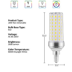 E12 LED bulbs, 20W LED Candelabra Bulbs 150 Watt Equivalent,Daylight White 6000K, ceiling fan light bulbs,2000lm, Non-Dimmable LED light bulb, LED Chandelier Bulbs for Ceiling Fan,Home Lighting,4 Pack