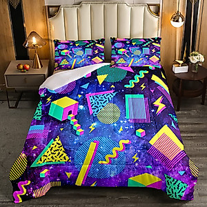 Memphis Style Down Comforter King Abstract Colorful Dots Funky Comforter Set for Kids Child Girls, Vintage Eighties Bedding Set Memphis Fashion Duvet Filler 80'S Style Retro 1980s Home Decor