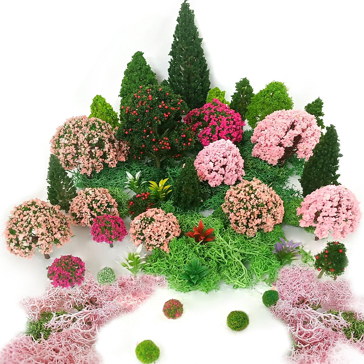 QuarenDen Mixed Model Trees, 37Pcs, Train Trees, Miniature Trees with Moss for Building Model, Natural Green Landscape, Railroad Scenery