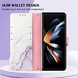 LEMAXELERS Samsung Z Fold 5 Case, Galaxy Z Fold 5 5G for Women Girls Case with Card Holder PU Leather Detachable Wrist Strap Wallet Case for Samsung Galaxy Z Fold 5 5G Marble White Purple