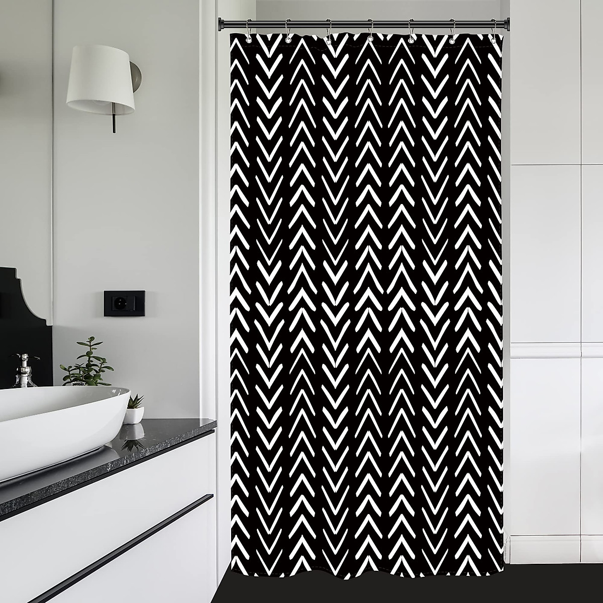 Riyidecor Black Stall Small Boho Shower Curtain for Bathroom Half Size 36x72 Inch Geometric Chevron Striped Herringbone Single Narrow Tiny Walkin Rv Dorm Decor Fabric Bathroom Set Polyester Waterproof