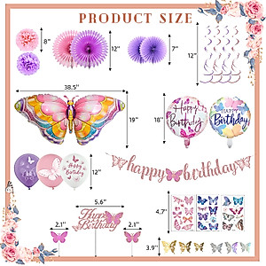 Butterfly Birthday Party Decorations Supplies, Pink & Purple Butterfly Birthday Decorations Include Paper Fans Foil Balloons Happy Birthday Banner Tattoos Wall Stickers Cake Toppers