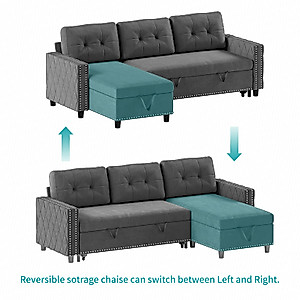 BALUS Sleeper Sofa, Futon Sofa Bed, Pull Out Sleeper Reversible Sectional Couch, Storage Chaise & Couch Bed, L Shape Couch Velvet Sleeper Sofa with Nailheads for Living Room - Dark Grey