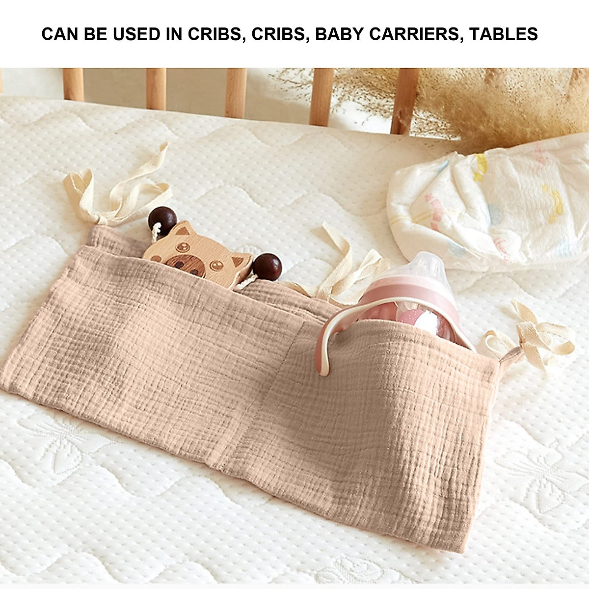 Baby Bed Hanging Bag, 2 Pockets Bag with Strap Infant Bedside Storage Bag for Toy Nursing Stuff (Khaki)
