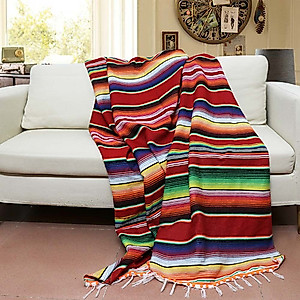 OurWarm 84 X 59 Inch Mexican Tablecloth Serape Blanket, Upgraded Mexican Blankets with Pom Pom Trim for Mexican Party Wedding Cinco De Mayo Fiesta Decorations, Large Outdoor Fiesta Table Cover Picnic