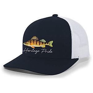 Heritage Pride Freshwater Fish Collection Perch Fishing Mens Embroidered Mesh Back Trucker Hat Baseball Cap, Royal/White