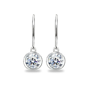 Sterling Silver Earrings for Women | Cubic Zirconia Earrings | 6mm Round Bezel Sparkling Triple AAA Cubic Zirconia Drop CZ Dangle Earrings for Women Bridal Fashion Trendy