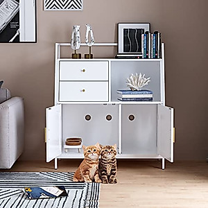 Large Hidden Litter Box Enclosure Furniture, CLLASOU Cat Litter Box Furniture Hidden with Shelf Wood Sturdy Litter Box Furniture with 2 Drawers and 1 Large Compartment Sturdy