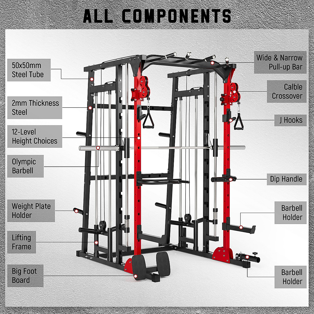 MAJOR LUTIE Smith Machine, SML07 1600lbs Power Cage with Smith Bar and Two LAT Pull-Down Systems and Cable Crossover Machine, 6 Cable Attachment(2023 Version), D32