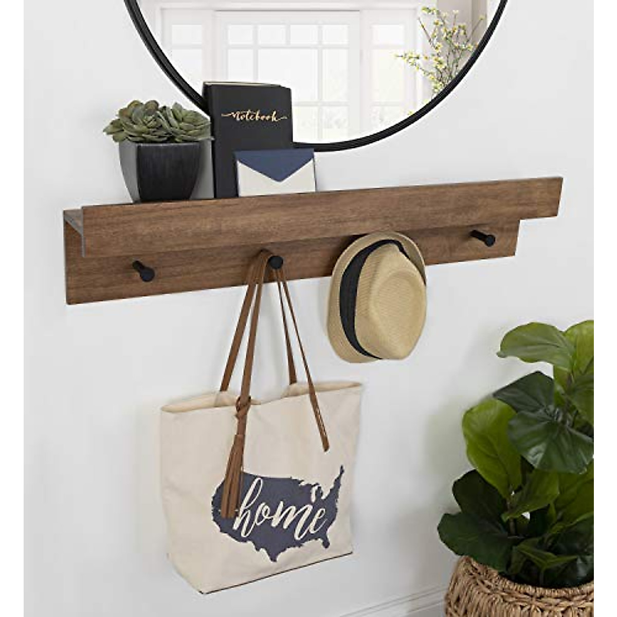 Kate and Laurel Levie Farmhouse 4-Knob Wall Shelf, 36 x 7.5 x 4.5, Rustic Brown and Black, Modern Accent Shelf and Coat Hooks for Hanging