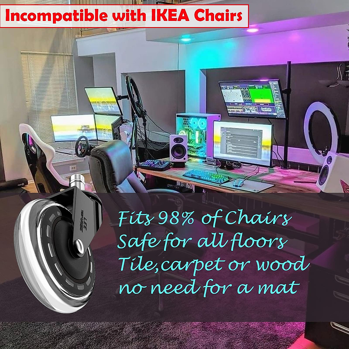 Office Chair Wheels for Wood Floors and Carpet Replacement Wheels for Office Chair 3 Inch Chair Casters Set of 5 Heavy Duty Computer Gaming Desk Caster Wheels Noise Free Universal Fit