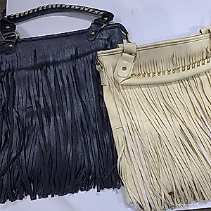 Downupdown Women Tassel Fringe Shoulder bag Big Tote Messenger Handbag Hobo Cross Body Bag (Black)