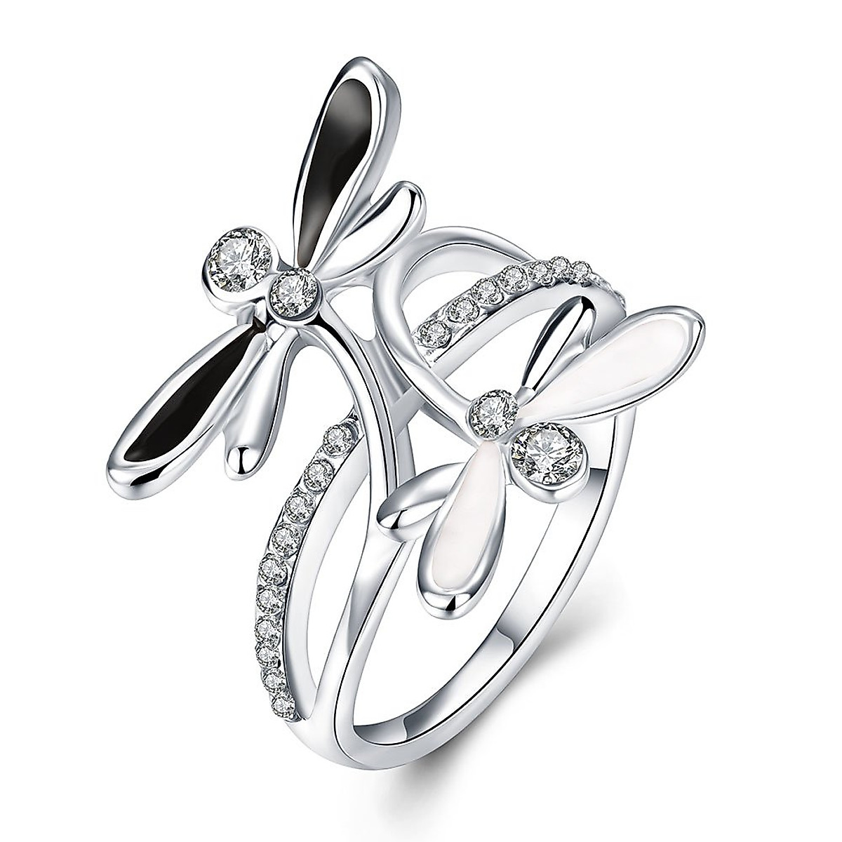 18K Rose Gold Platinum Plated Ring Black AAA Zirconia Women Dragonfly B164 (Platinum Plated, 7)