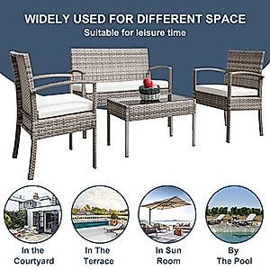EMKK 4 Pieces Outdoor Sectional Wicker Patio Furniture Sets, All-Weather Rattan Sofa Conversation Cushions, Loveseat, Glass Table, Shallow Grey